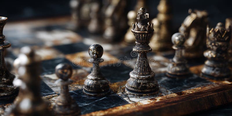 Mastering the Game CloseUp of Antique Chess Pieces on a Worn Board ...