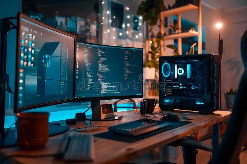 Mastering Software Development Coding On A Powerful Dual Monitor Setup With Rgb Lighting In A