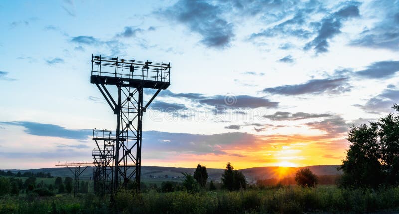 Masts of Approach Lights at the Beginning of the Airport Runway Stock ...