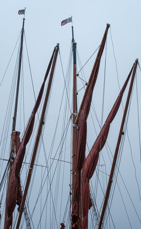 Masts, Rigging and Furled Sails on a Sailing Barge Stock Image - Image ...