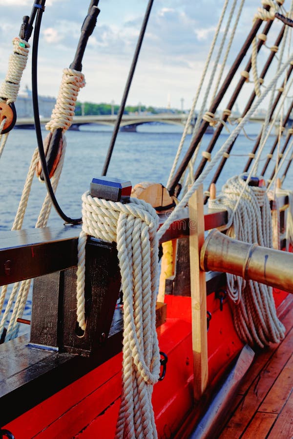 Masts and Rigging of an Old Wooden Sailboat. Details Deck of the Ship ...