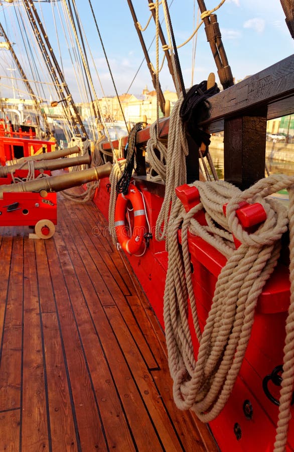 Masts and Rigging of an Old Wooden Sailboat. Details Deck of the Ship ...