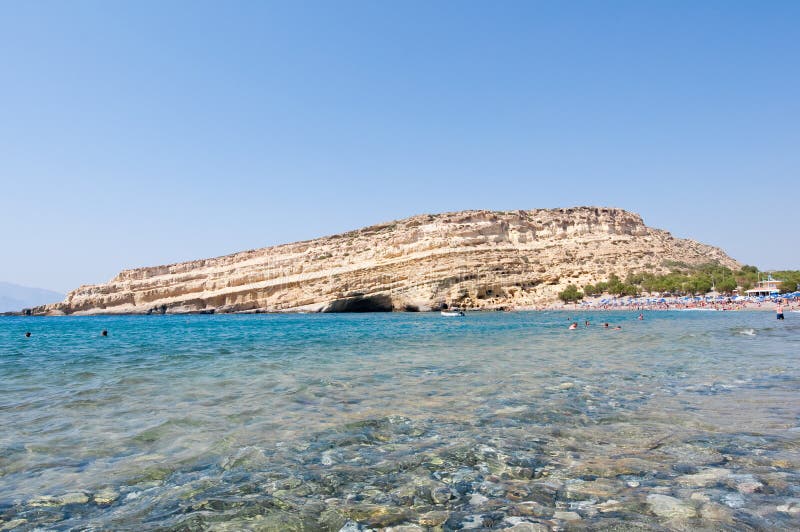 Matala Beach with the Caves and Clean Water. Crete, Greece. Stock Image ...