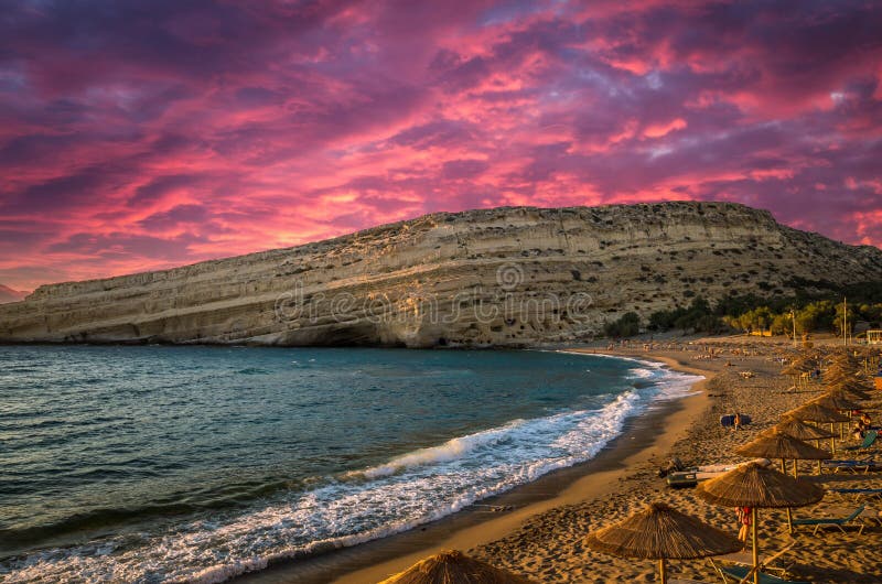 Matala Beach on Crete Island, Greece Stock Image - Image of romantic ...
