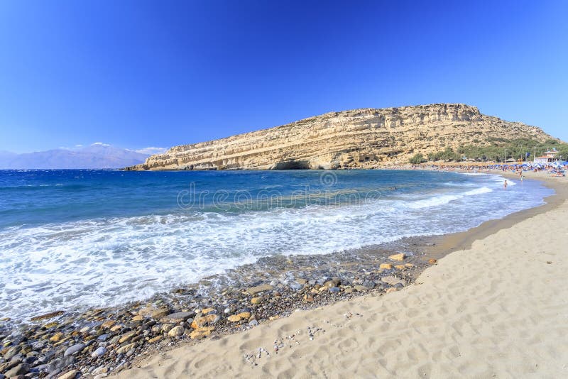 Matala Beach on Crete Island. Greece Stock Photo - Image of water ...