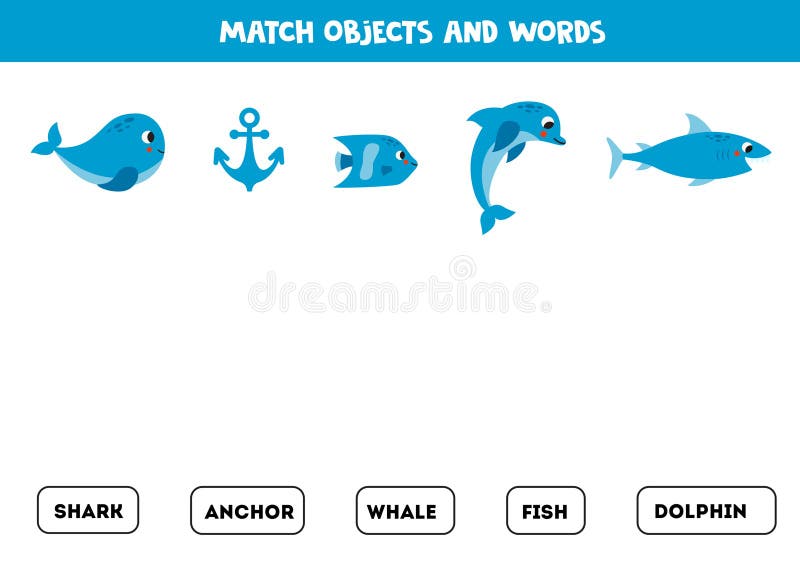 Match Blue Objects with Written Words. Worksheet for Kids. Stock Vector ...