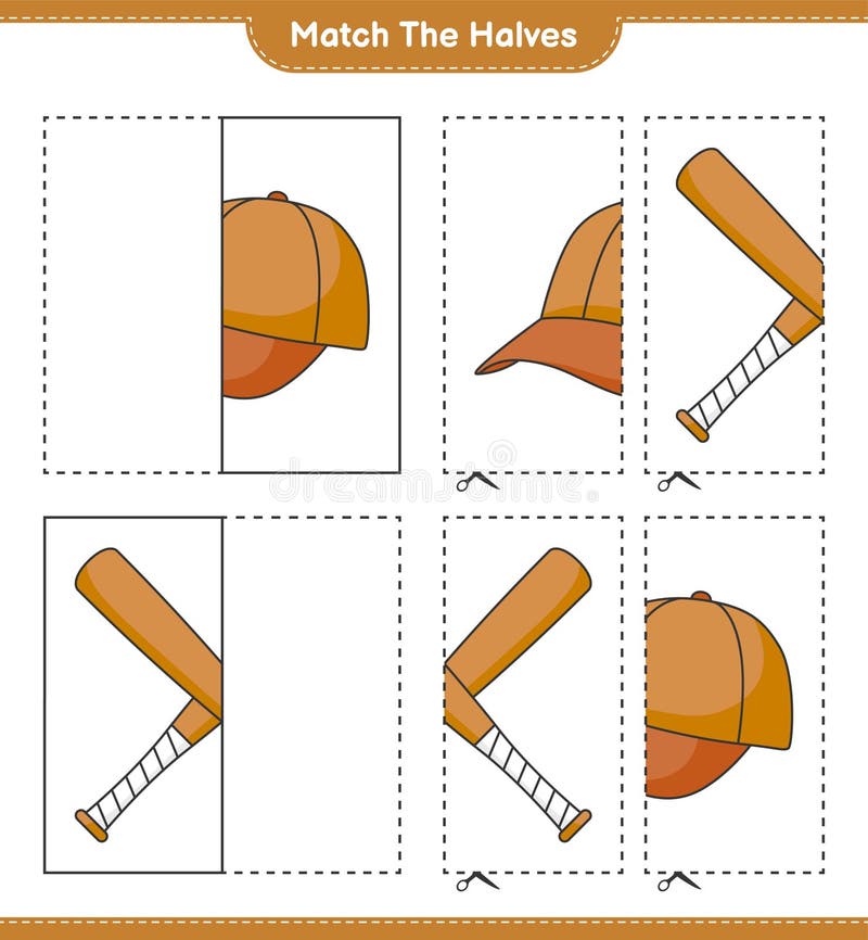 Match the Halves. Match Halves of Cap Hat and Baseball Bat Stock Vector ...