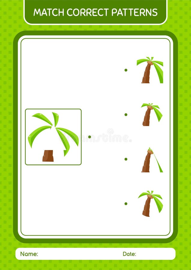 Match Pattern Game with Coconut Tree. Worksheet for Preschool Kids ...