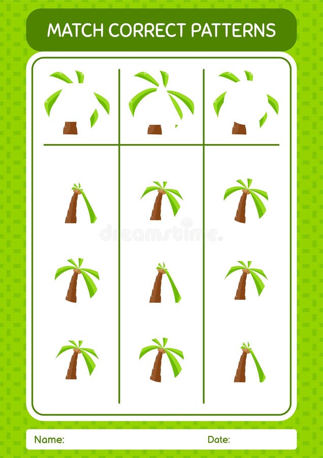 Match Pattern Game with Coconut Tree. Worksheet for Preschool Kids ...
