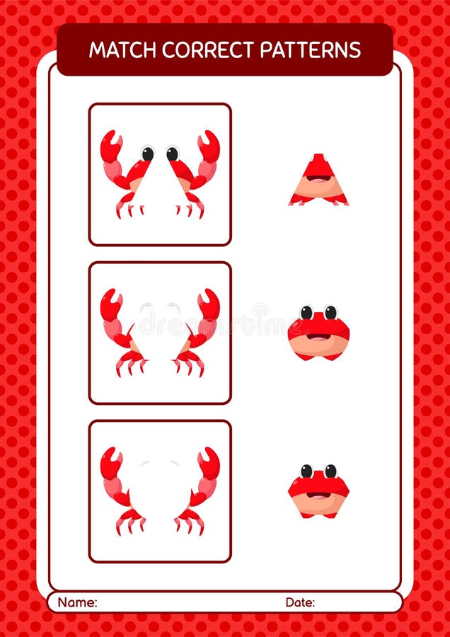 Match Pattern Game with Crab. Worksheet for Preschool Kids, Kids ...