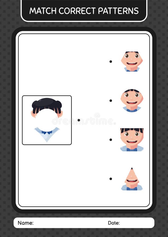 Match Pattern Game with Girl. Worksheet for Preschool Kids, Kids ...