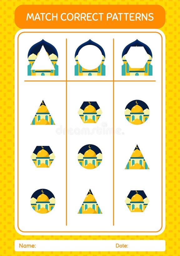 Match Pattern Game with Mosque. Worksheet for Preschool Kids, Kids ...