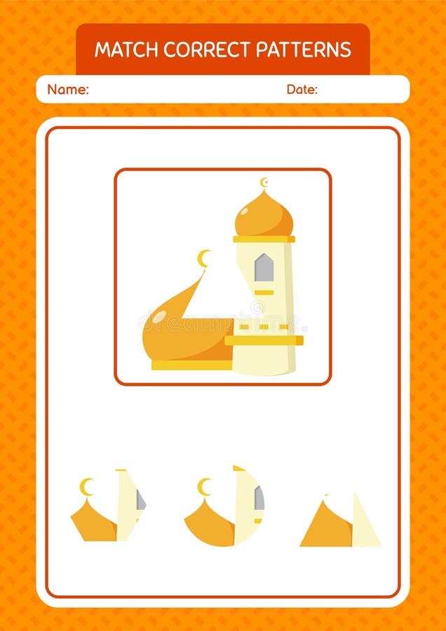 Match Pattern Game with Mosque. Worksheet for Preschool Kids, Kids ...