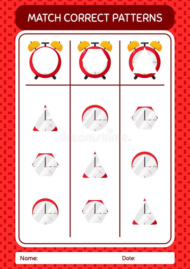 Match Pattern Game with Waker Clock. Worksheet for Preschool Kids, Kids ...