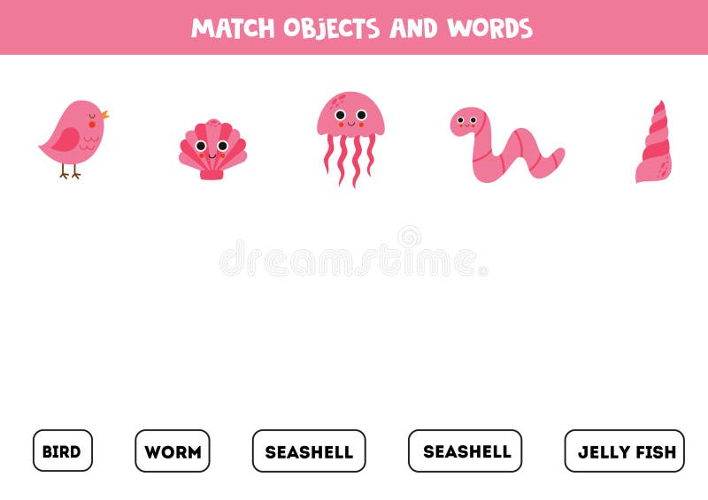 Match Pink Objects with Written Words. Worksheet for Kids. Stock Vector ...