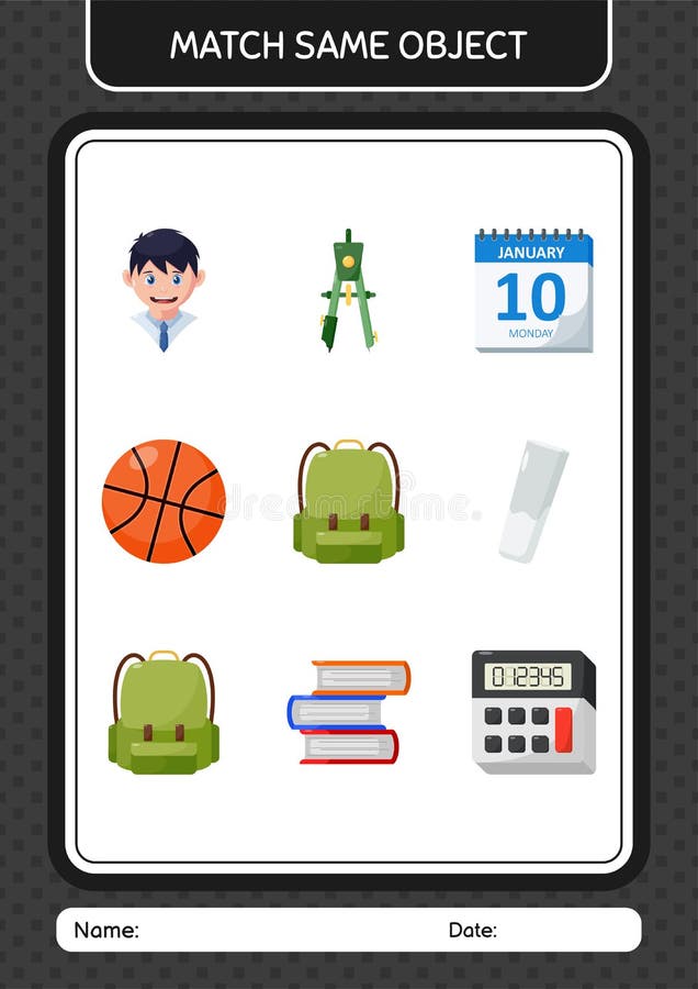 Match with Same Object Game Backpack. Worksheet for Preschool Kids ...