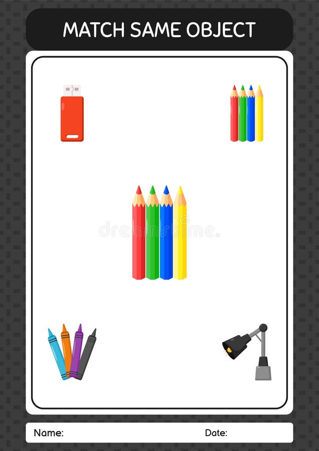 Match with Same Object Game Color Pencil. Worksheet for Preschool Kids ...