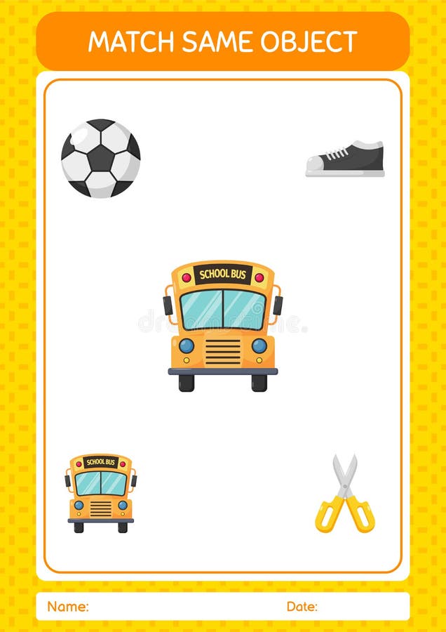 Match with Same Object Game School Bus. Worksheet for Preschool Kids ...