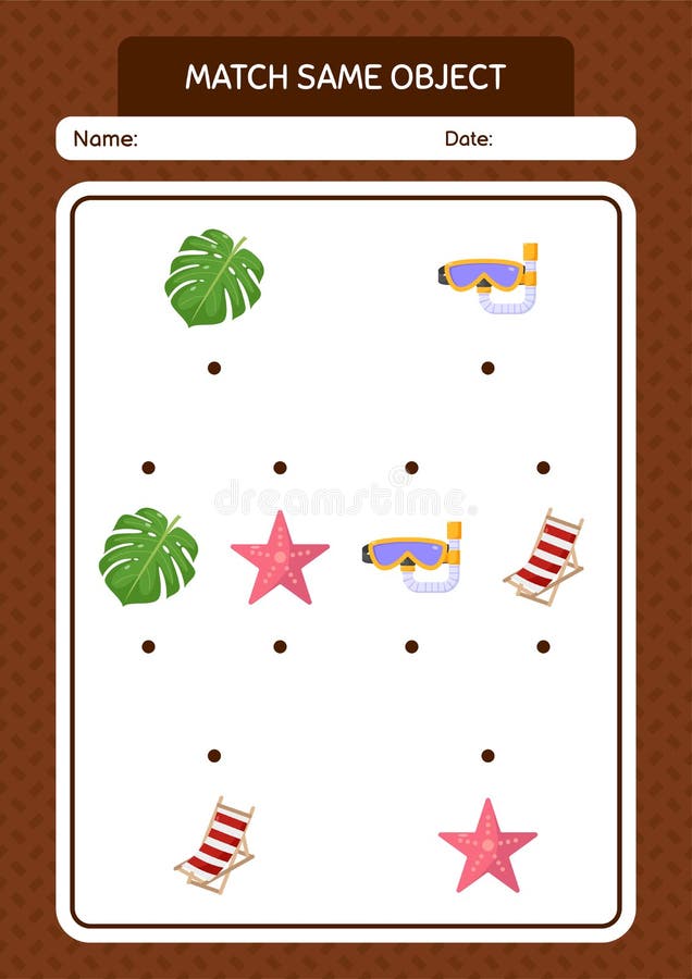 Match with Same Object Game Summer Icon. Worksheet for Preschool Kids ...