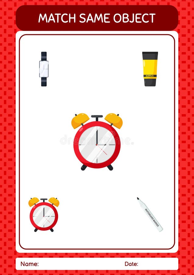 Match with Same Object Game Waker Clock. Worksheet for Preschool Kids ...