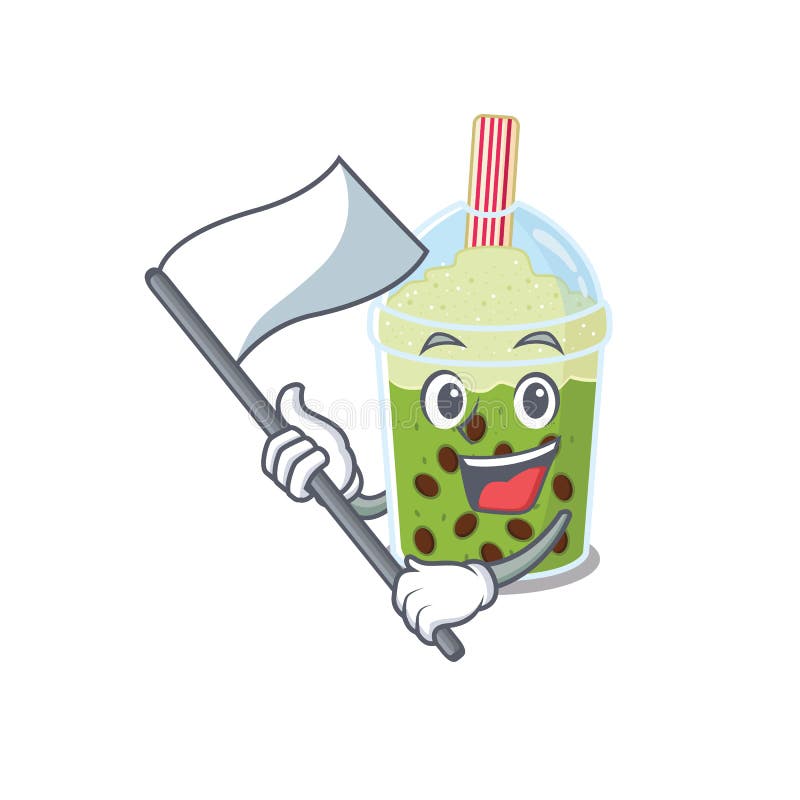Matcha Bubble Tea Cartoon Character Design Holding Standing Flag Stock ...