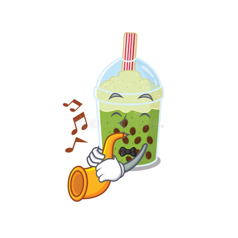 Matcha Bubble Tea Cartoon Character Design Playing a Trumpet Stock ...