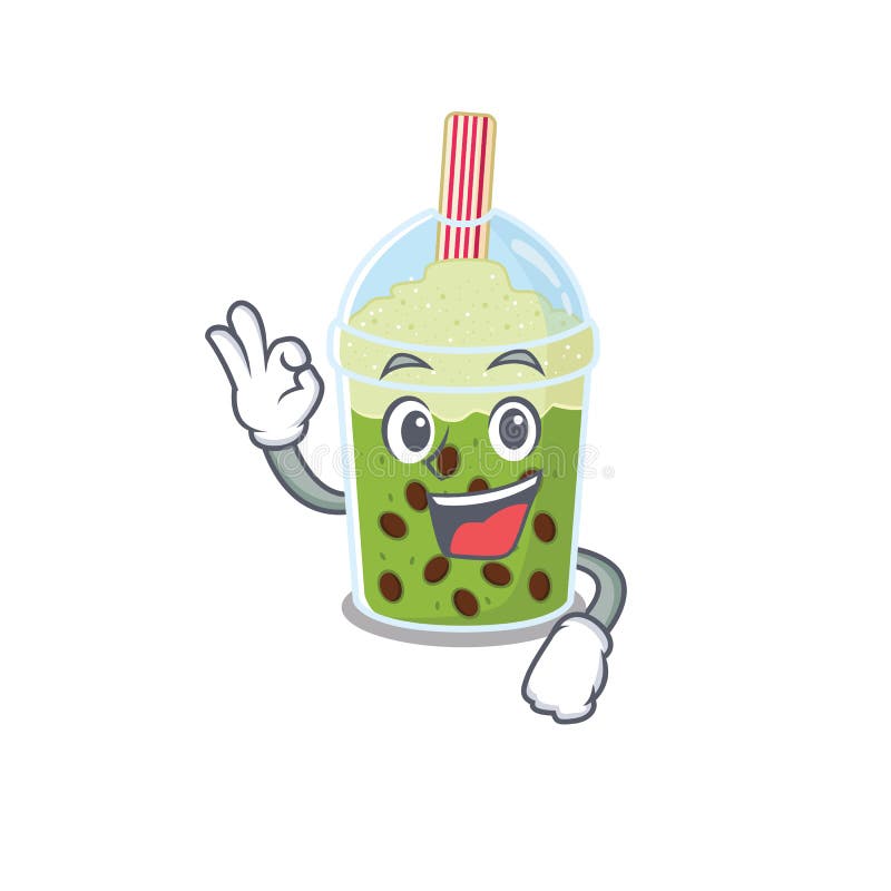 Matcha Bubble Tea Cartoon Character Design Style Making an Okay Gesture ...