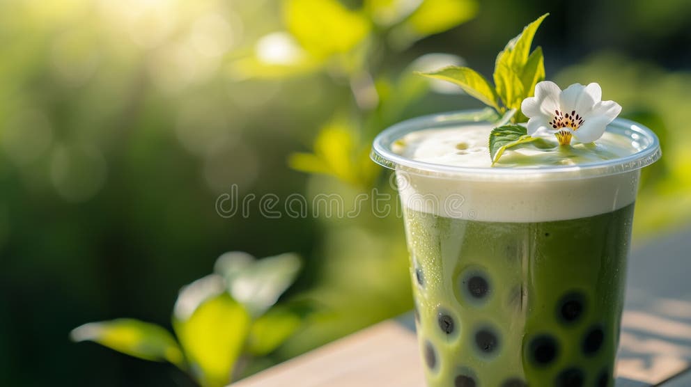 Matcha Bubble Tea in a Plastic Cup with Tea Leaves Stock Image - Image ...