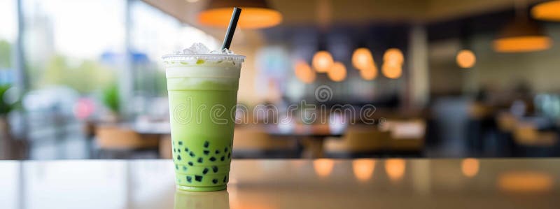 Matcha Bubble Tea with Tapioca at a Coffee Shop. Generative AI. Stock ...