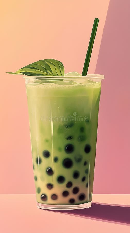 Matcha Bubble Tea in a Transparent Cup with Tapioca Pearls and Fresh ...