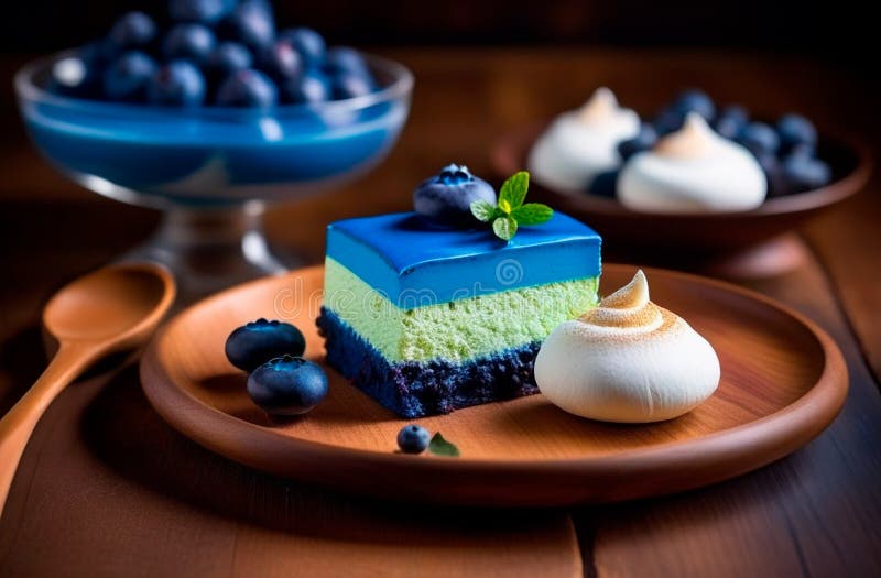 Matcha Cake Decorated with Meringue and Blueberries Stock Image - Image ...