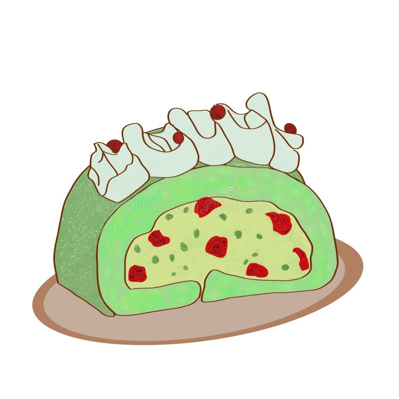 Matcha Cake Cartoon Illustration with Leaves Stock Vector ...