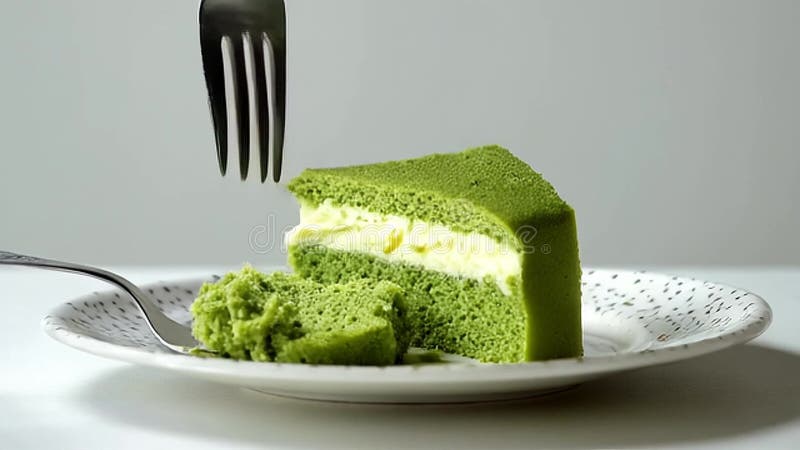Matcha Cake on White Plate with Silver Fork Cutting Slice Against Plain ...