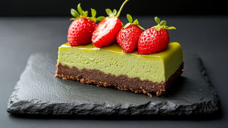 Matcha Cheesecake with Strawberries on a Stone Platter. Picture Stock ...