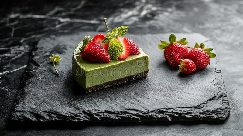 Matcha Cheesecake with Strawberries on a Stone Platter. Picture Stock ...