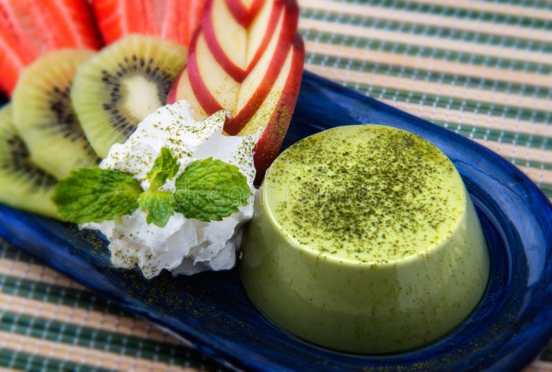 Matcha Custard Pudding and Fruits Stock Image - Image of background ...