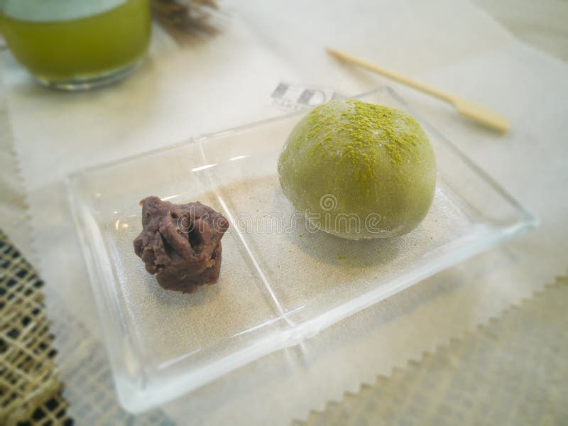 Matcha Daifuku with Red Bean Paste and Matcha Green Tea Stock Image ...