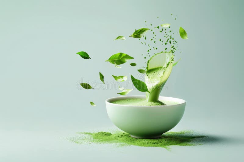 Matcha Explosion: Dynamic Green Powder and Leaves in Motion for ...