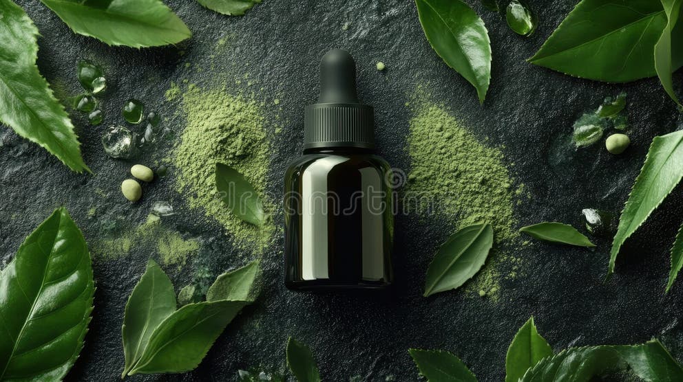 Matcha Green Tea Extract Drops on Green Leaf Background Stock ...