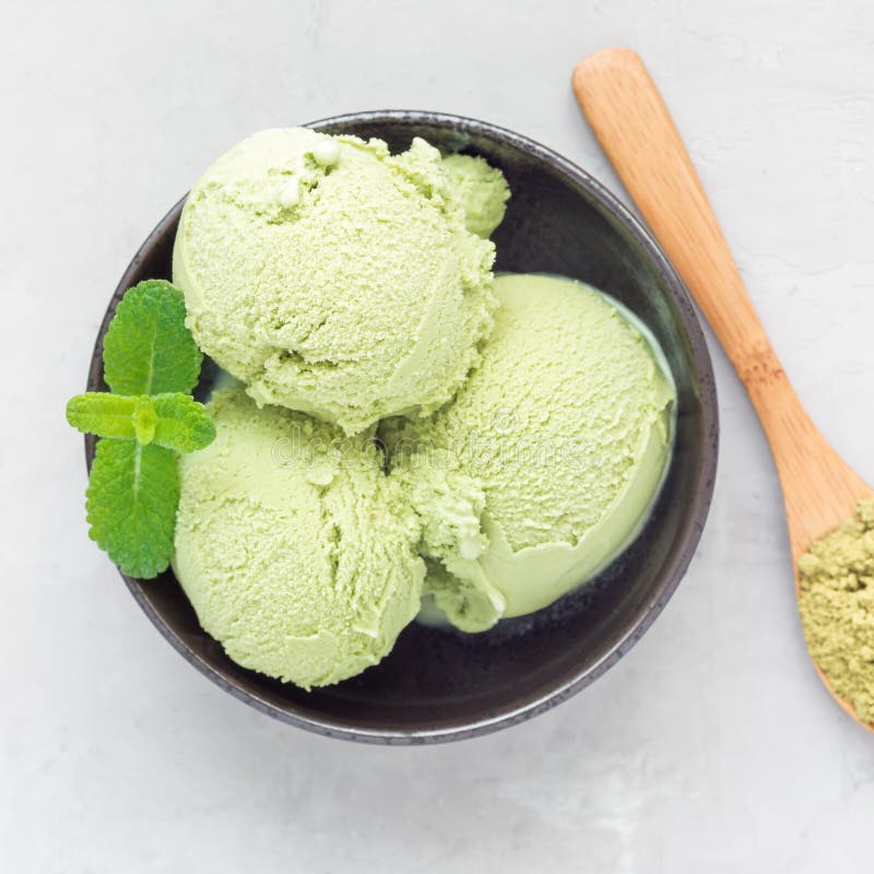 Matcha Green Tea Ice Cream Balls in a Black Bowl, Top View, Square ...