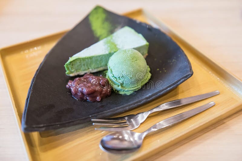 Matcha Green Tea Ice Cream with Red Bean Paste and Cake Stock Image ...