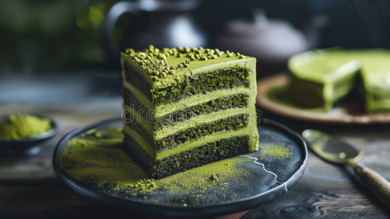 Matcha Green Tea Layer Cake on Dark Table Stock Illustration ...