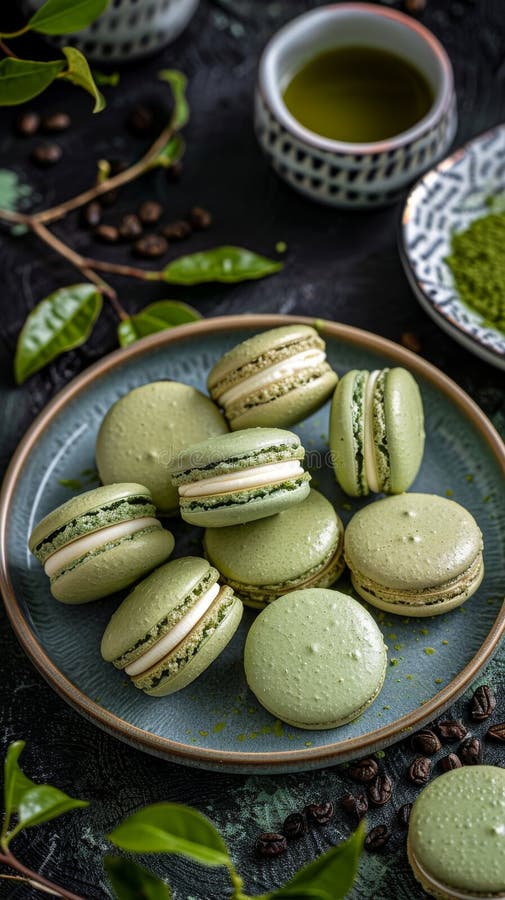 Matcha Green Tea Macarons with White Chocolate Ganache on a Ceramic ...
