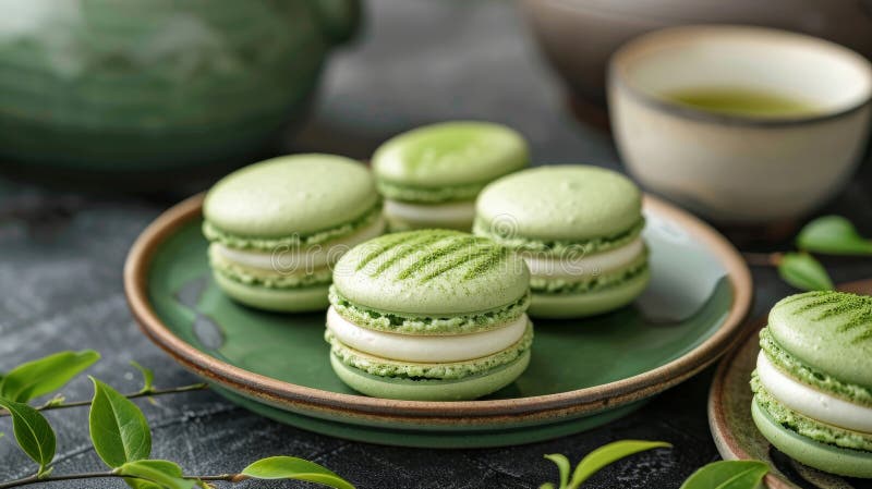 Matcha Green Tea Macarons with White Chocolate Ganache on a Japanese ...