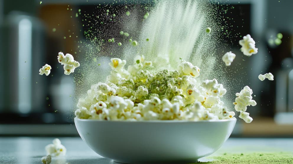 Matcha Green Tea Popcorn Explosion in White Bowl Stock Illustration ...