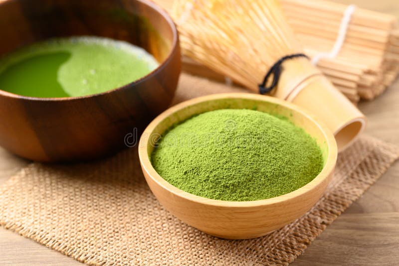 Matcha Green Tea Powder and Tea with Chasen Stock Photo - Image of bowl ...