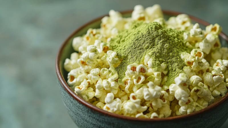 Matcha Green Tea Powder Sprinkled on Popcorn in Teal Bowl Stock ...