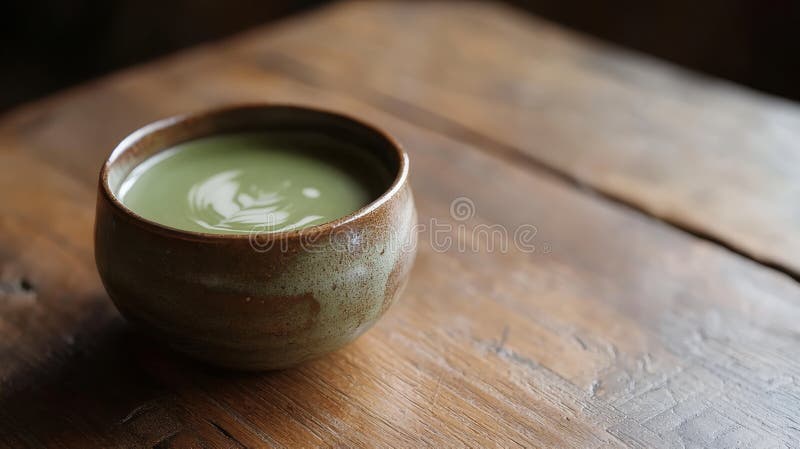 Matcha Latte in Rustic Ceramic Cup on Wooden Table Stock Illustration ...