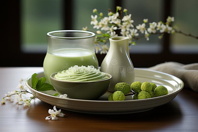 Matcha Green Tea Served on the Table Stock Illustration - Illustration ...