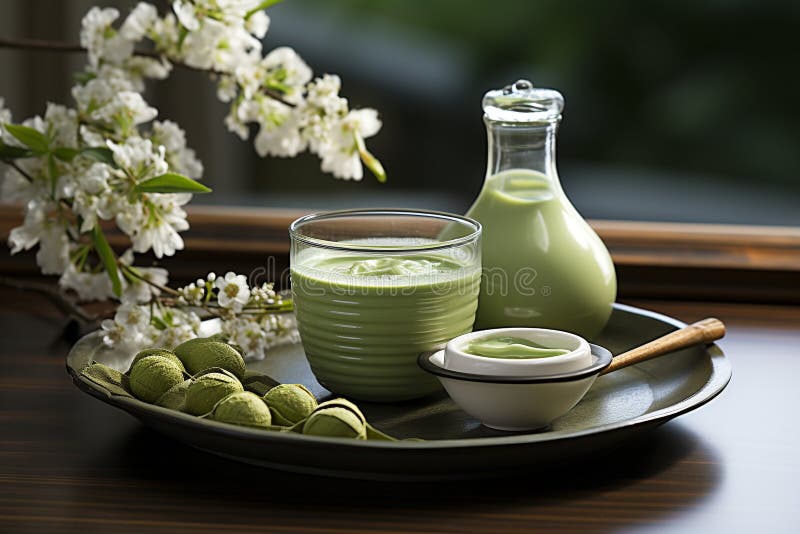 Matcha Green Tea Served on the Table Stock Illustration - Illustration ...